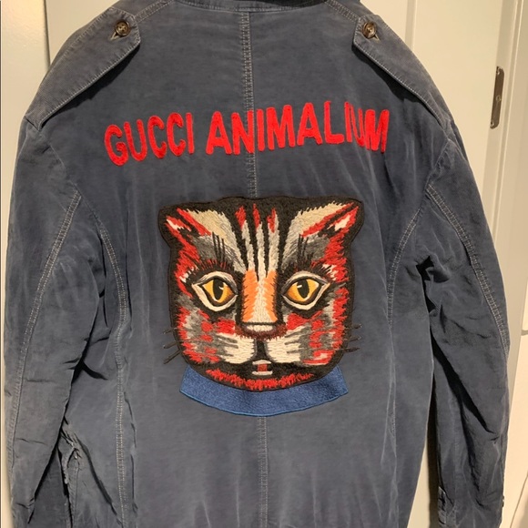 Gucci | Jackets & Coats | Gucci Navy Corduroy Embroidered Cat Animalium ...